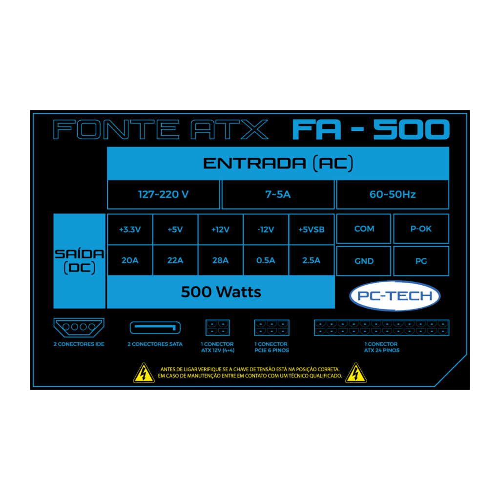 Fonte ATX de alimentação 500w FA–500 BOX PC – TECH - T&A Distribuidora